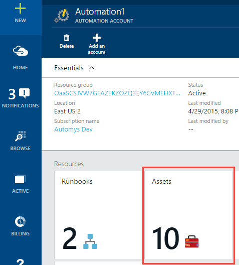 Automation account assets view